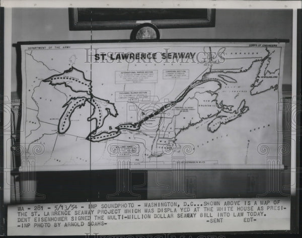 1954 Press Photo Map of St. Lawrence Seaway Project at White House ...