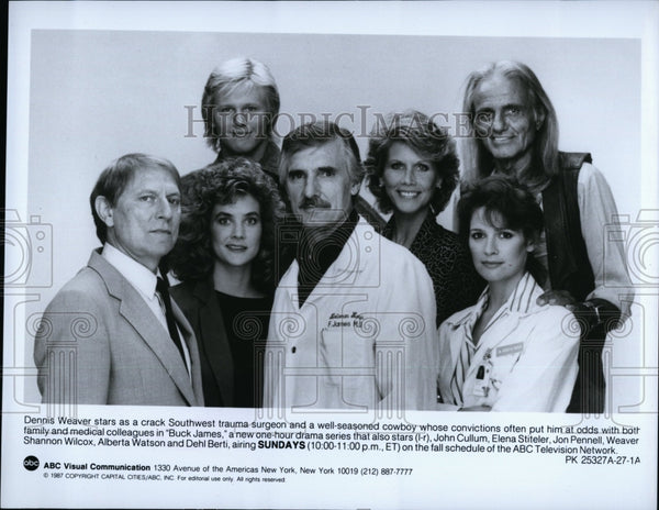 1987 Press Photo Dennis Weaver Actpr John Cullum, Elena Stiteler, Jon ...