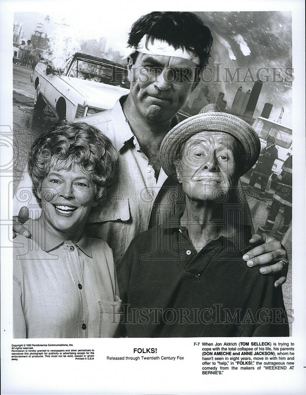 1992 Press Photo Tom Selleck, Don Ameche & Anne Jackson Star In "Folks ...