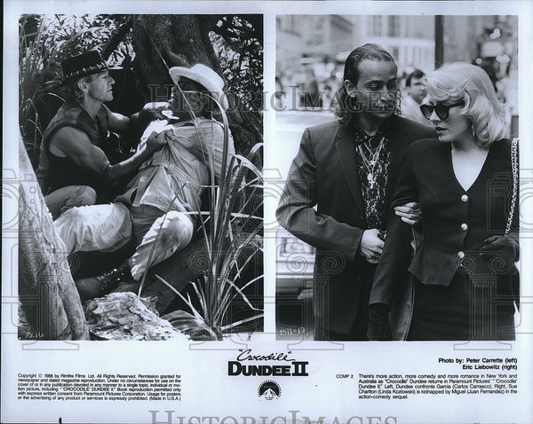 1988 Press Photo Michael J. Dundee, Carlos Carrasco, Linda Kozlowski ...