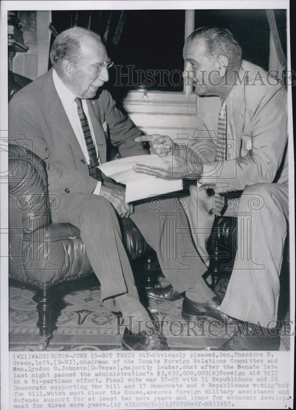 1957 Press Photo Senator Theodore Green Senator Lyndon Johnson ...