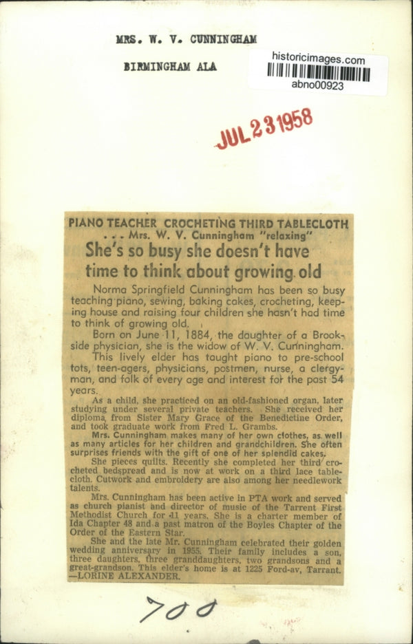 1958 Press Photo Norma Springfield Cunningham of Birmingham, Alabama ...