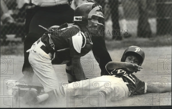 1980 Press Photo Lee Vaughn Of Pinson Scores A Run In Pony Baseball To ...