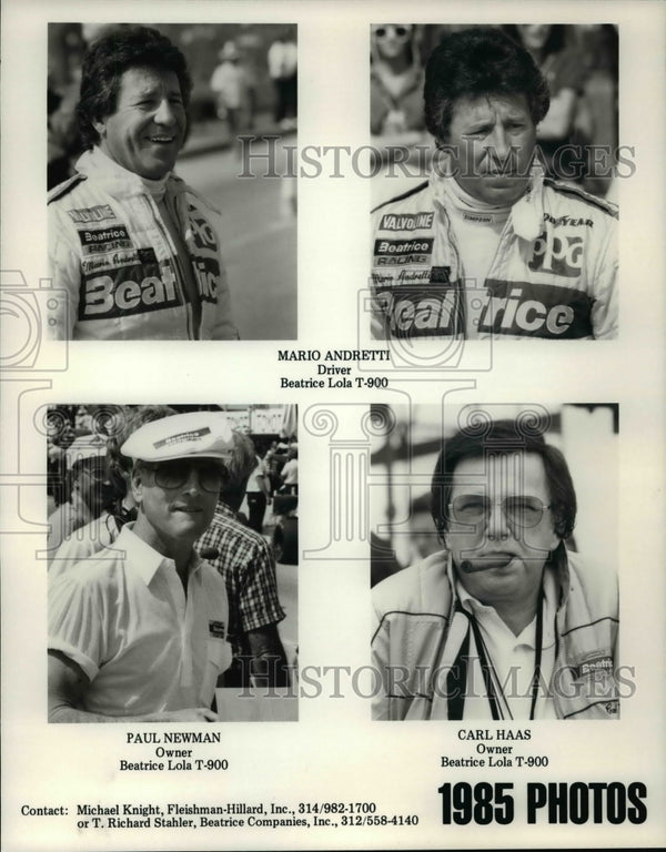 1985 Press Photo Beatrice Lola's Mario Andretti, Paul Newman and Carl ...