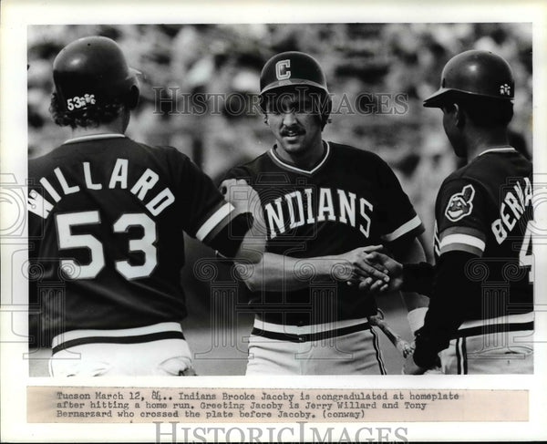 1984 Press Photo Indians Brooke Jacoby is congratulated at home plate ...