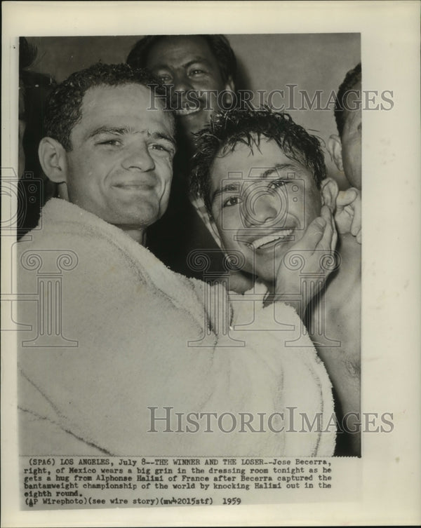 1959 Press Photo Jose Becerra, new bantamweight champ gets hug from ...