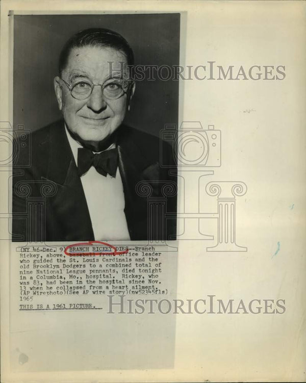 1961 Press Photo St Louis Cardinals baseball executive Branch Rickey ...
