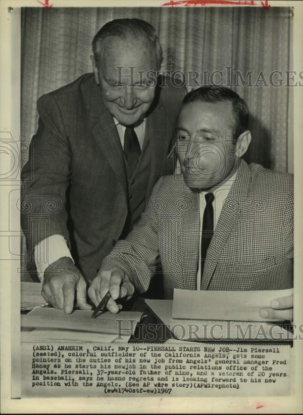 1967 Press Photo Angels' GM Fred Haney & Jim Piersall, now in team's PR ...