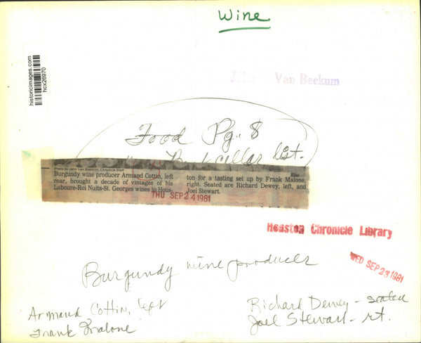 1981 Press Photo Burgundy wine producer Armand Cottin visits Houston ...