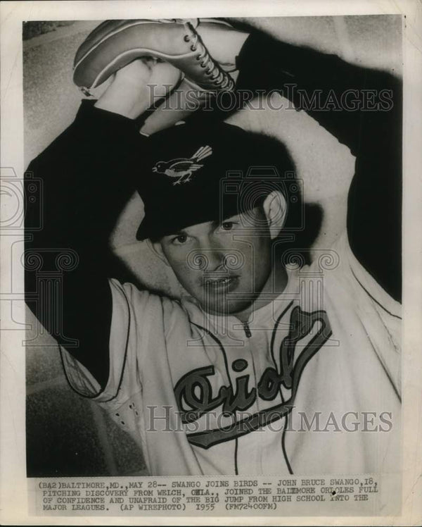 1955 Press Photo Baltimore Orioles baseball pitcher John Bruce Swango ...
