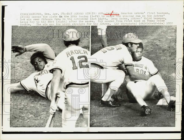 1972 Press Photo Astros' Lee May slides across plate and Doug Rader ...