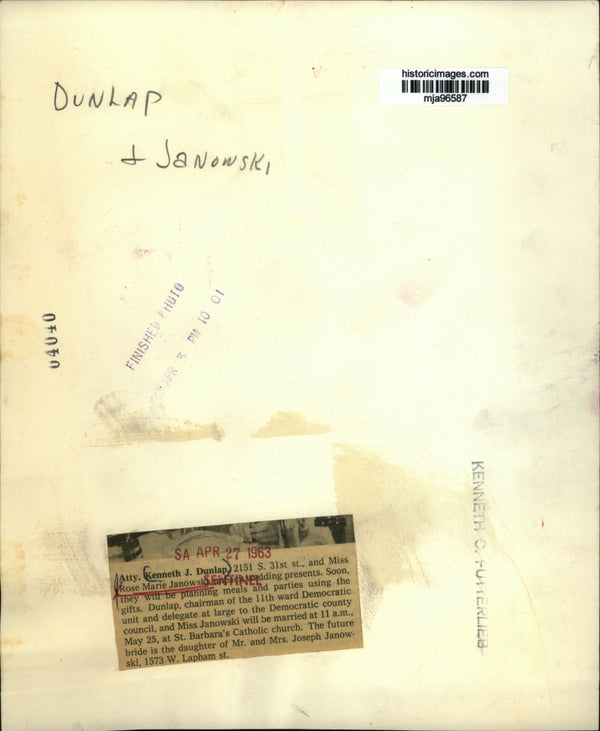 1963 Press Photo Attorney Kenneth J. Dunlap and Miss Marie Janowski ...