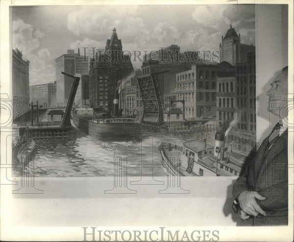 1942 Press Photo William Mass, Auditorium Manager, Painting of Milwauk ...
