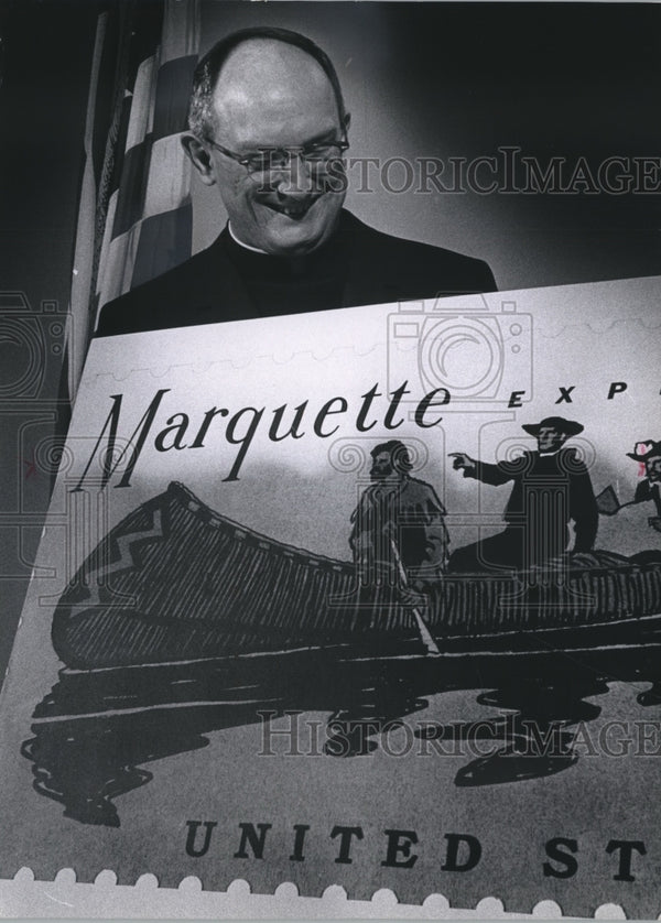 1968 Press Photo John Raynor holds rendering of stamp honoring Jacques ...