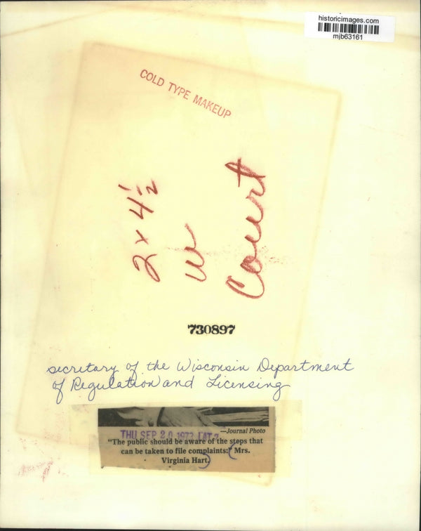 1973 Press Photo Virginia Hart, Wisconsin Department of Regulation and ...