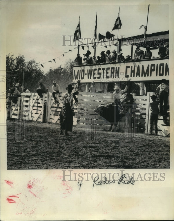 1964 Press Photo Man Rides Bull on Front Hooves at Manawa Rodeo in ...