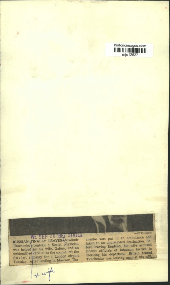 1967 Press Photo Vladimir Tkachenko and his wife leave Soviet embassy ...