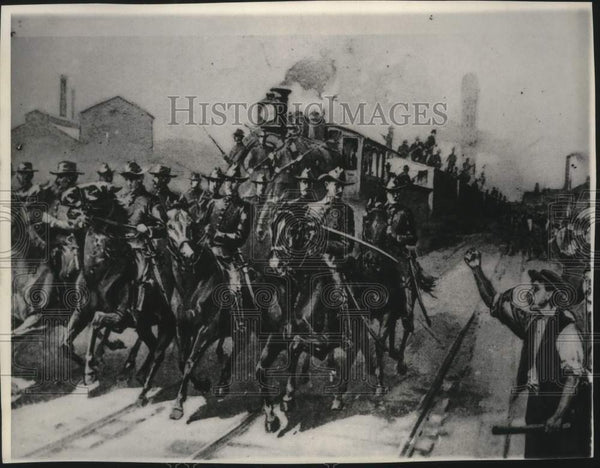 1958 Press Photo Drawing of troops protecting railroad during Pullman ...