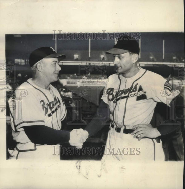 1948 Press Photo Boston Braves Marv Rickert is greeted Manager Billy ...