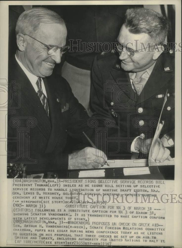 1947 Press Photo President Truman Signs Selective Service Records Bill ...