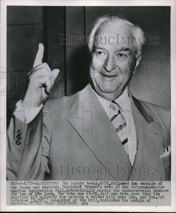 1952 Press Photo Sen. Pat McCarran shown after Senate overrode a bill ...