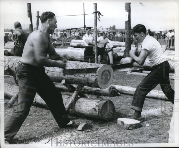 1959 Press Photo Two men crosscut saw teams in action. - Historic Images