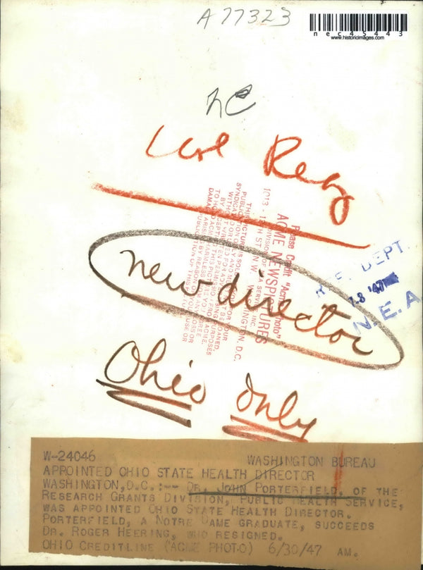 1947 Press Photo D.C. Dr John Porterfield, research grants div of ...