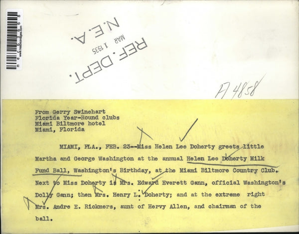 1935 Press Photo Miss Helen Lee Doherty greets little Martha and George ...