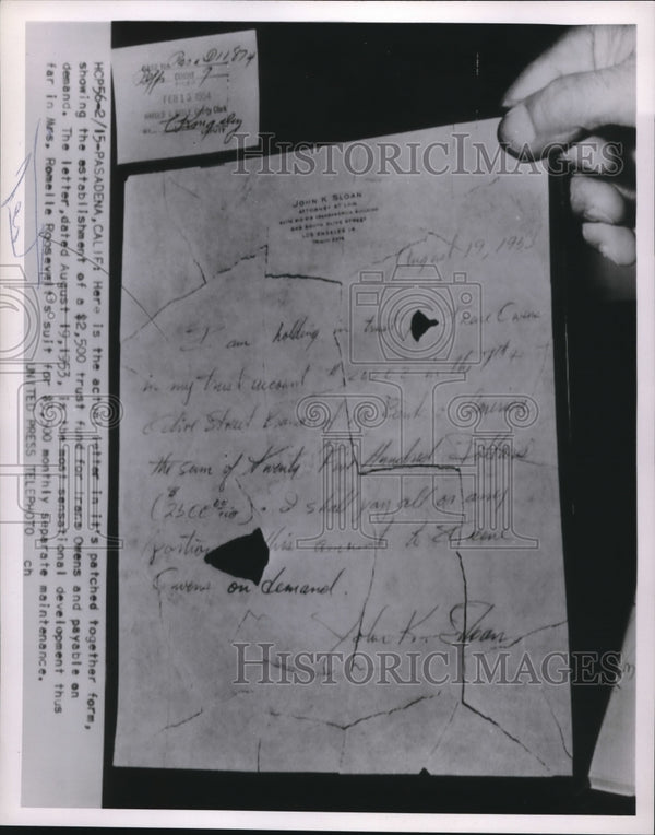 1954 Press Photo Pasadena, Calif letter for trust fund alimony suit ...