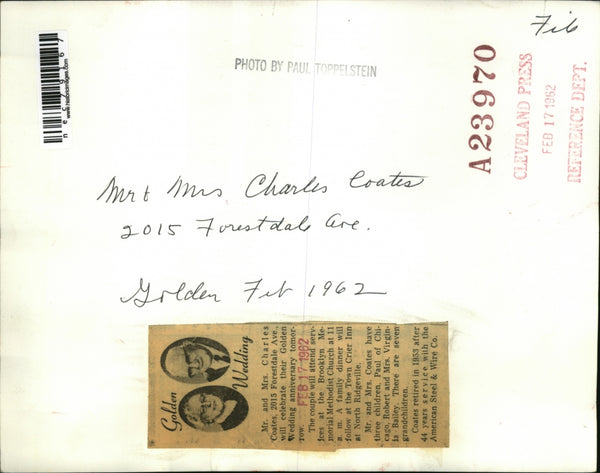 1962 Press Photo Mr & Mrs Charles Coates celebrate Golden anniversary ...