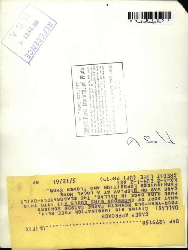 1961 Press Photo Kenneth Wayne Watson plays in a huge bird cage in ...