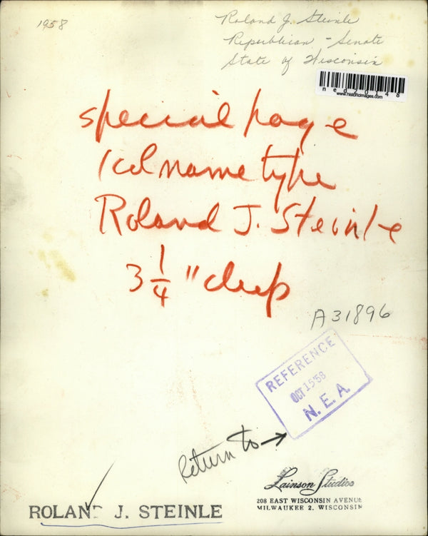 1958 Press Photo Roland J. Steinle Republican Senate Of Wisconsin ...