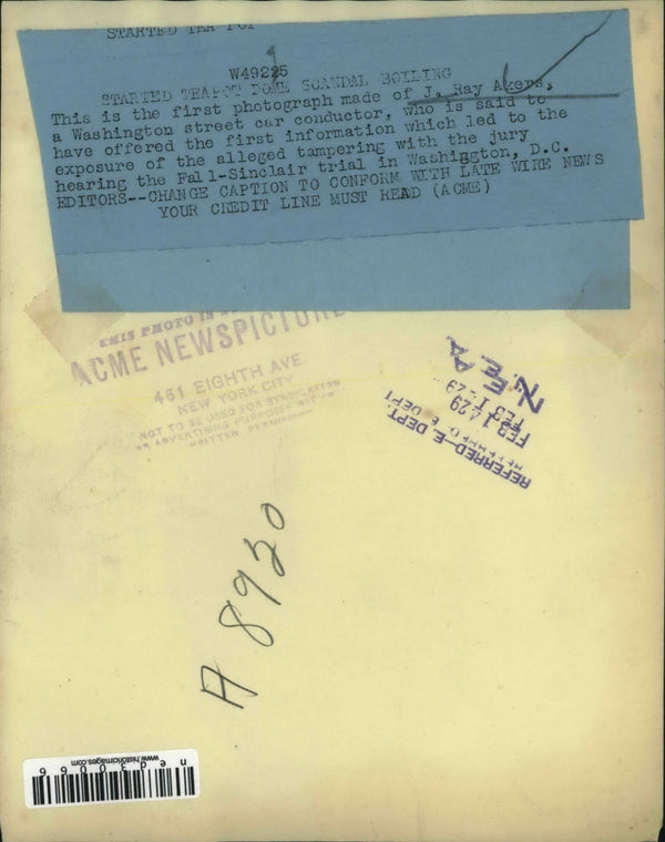 1929 Press Photo 1st phot of J Ray Akers a Washington street car ...