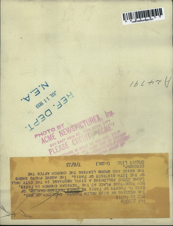 1933 Press Photo The wedding of Helen Furth to James Hoetson Harlow ...