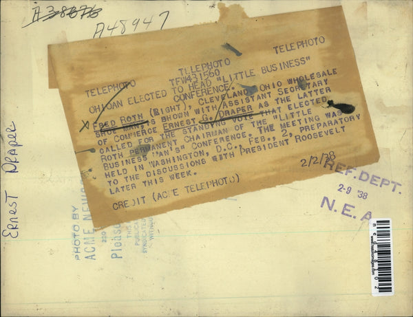 1938 Press Photo Fred Roth with Asst Secretary of Commerce Ernest ...