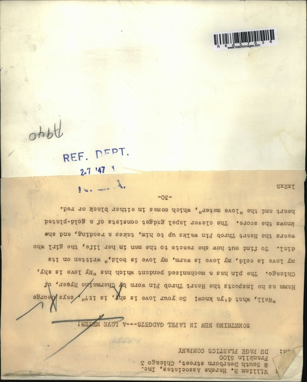 1947 Press Photo A love meter, George Hamm the heart throb pin ...