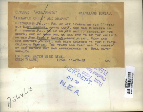 1939 Press Photo Kidnapped Pittsburgh Girl Mary Karras, Mother Bessie ...