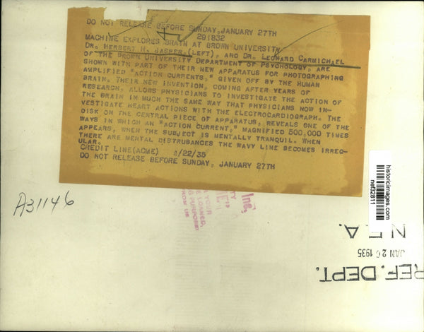 1935 Press Photo Dr Herbert Jasper, Dr Leonard Carmichael Study Brain ...