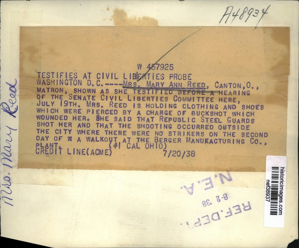 1938 Press Photo Mary Ann Reed as She Tesified Before Hearing of Civil ...