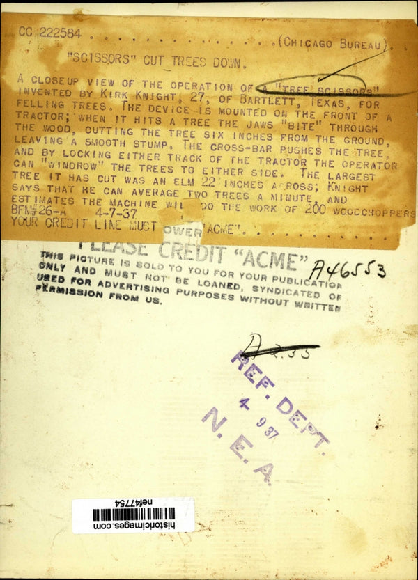 1937 Press Photo Operation of "Tree Scissors" invented by Kirk Knight ...