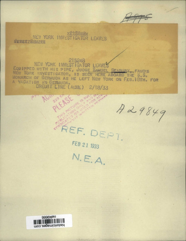 1933 Press Photo Judge Samuel Seabury Aboard S.S. Monarch of Bermuda ...