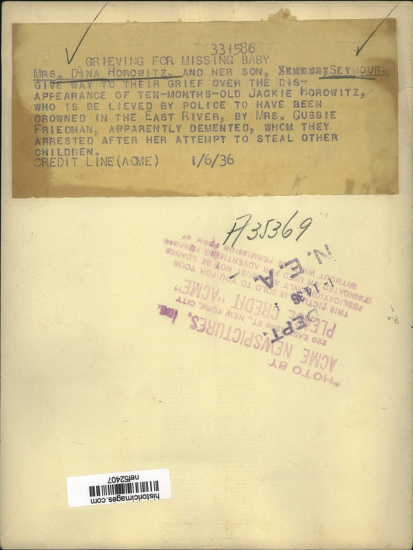 1936 Press Photo Dina Horowitz & Son Seymour, Family of Missing Baby ...