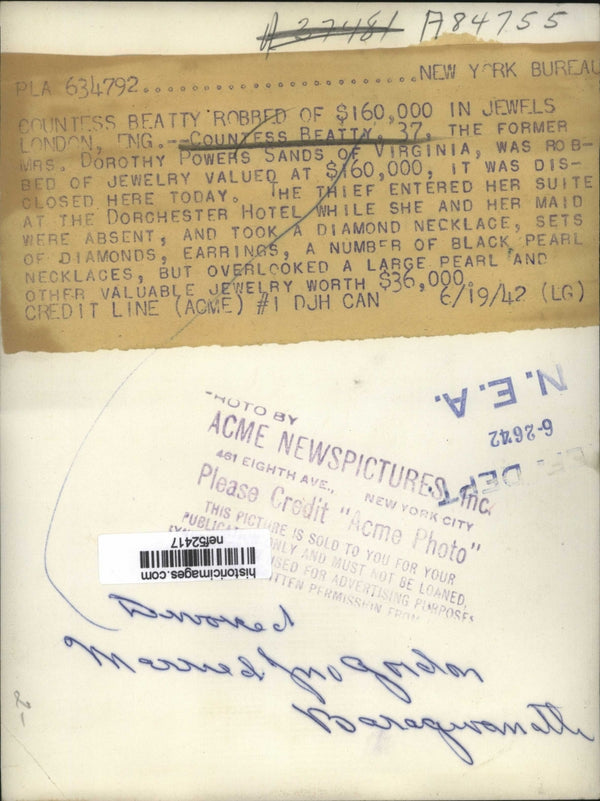 1942 Press Photo Countess Beatty Robbed of Jewels at Dorchester Hotel ...