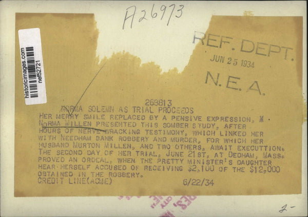 1934 Press Photo Norma Millen Appears Somber After Hours of Wracking ...