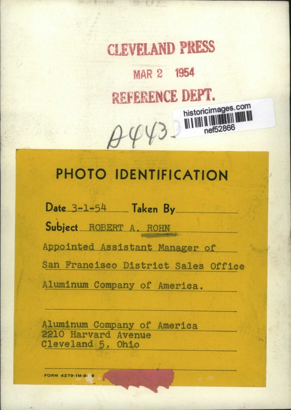 1954 Press Photo Robert A. Rohn, Aluminum company of America, San ...