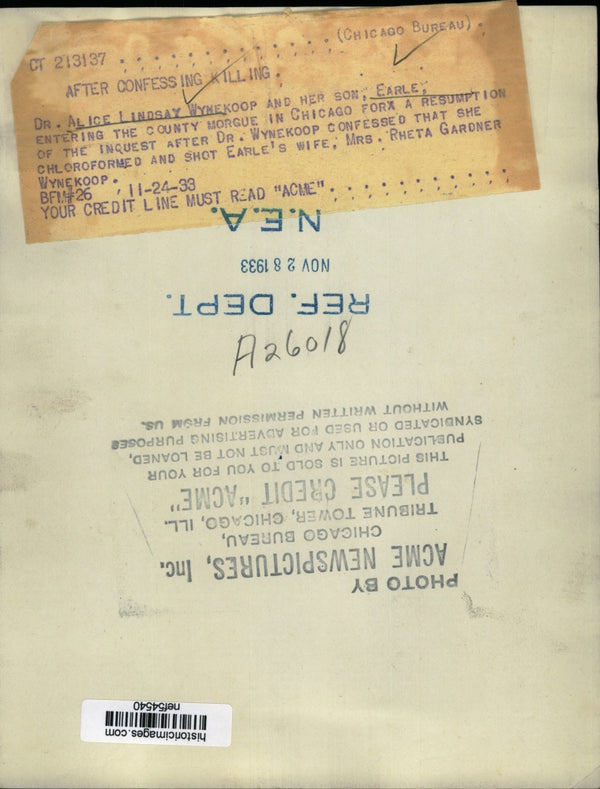 1933 Press Photo Dr.Alice Lindsay Wynekoop and son Earle enter Chicago ...