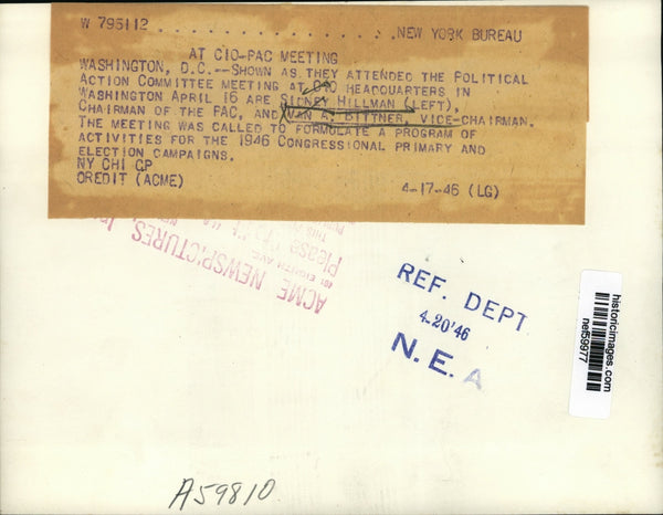 1945 Press Photo Sidney Hillman and Van A Bittner at CIO-PAC meeting ...