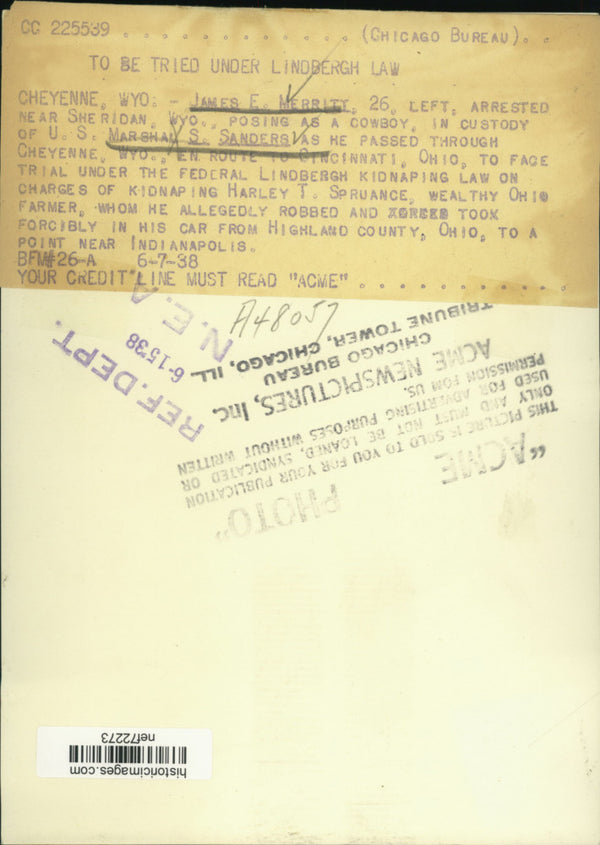 1938 Press Photo Wyoming-Marshal Sanders leads James Merritt to ...