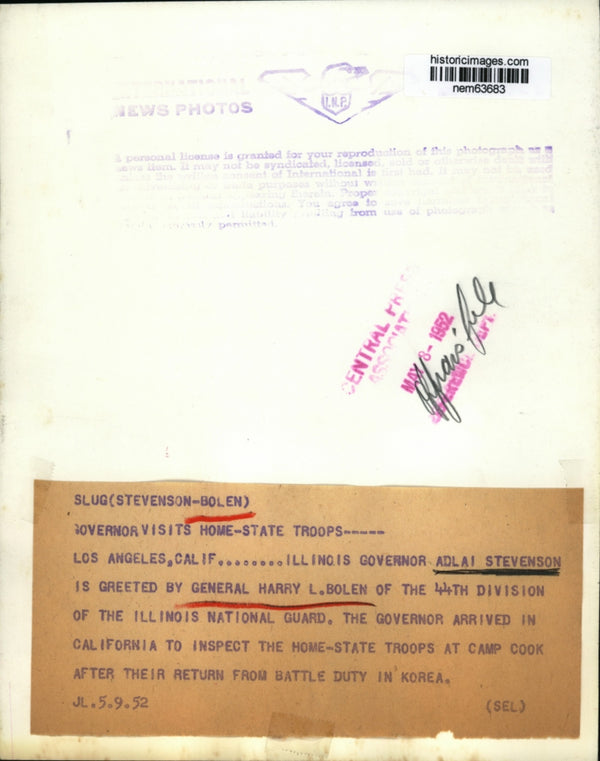 1952 Press Photo Illinois Governor Adlai Stevenson welcomed by Harry ...