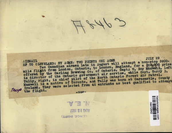 1927 Press Photo Canadian airmen Capt W Roy Mitchell, Capt Terry Tully ...